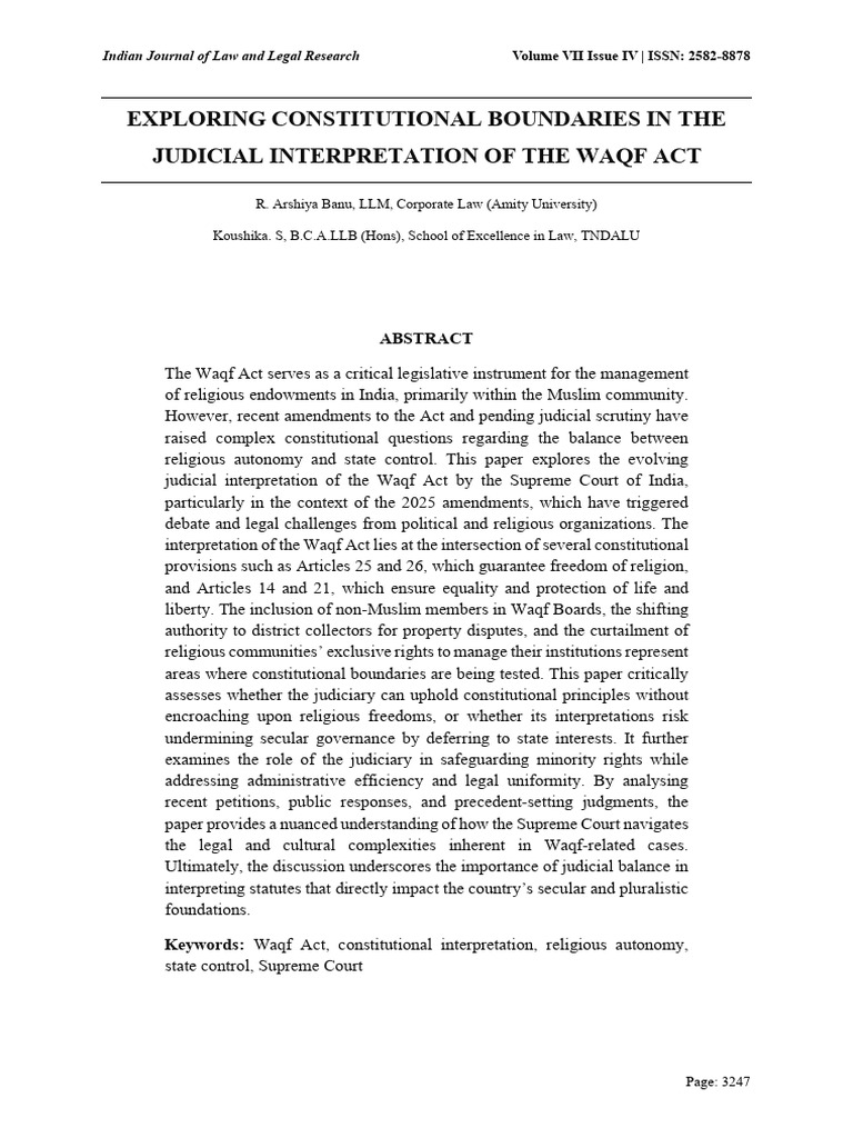 Exploring Constitutional Boundaries in The Judicial Interpretation of The Waqf Act | PDF ...