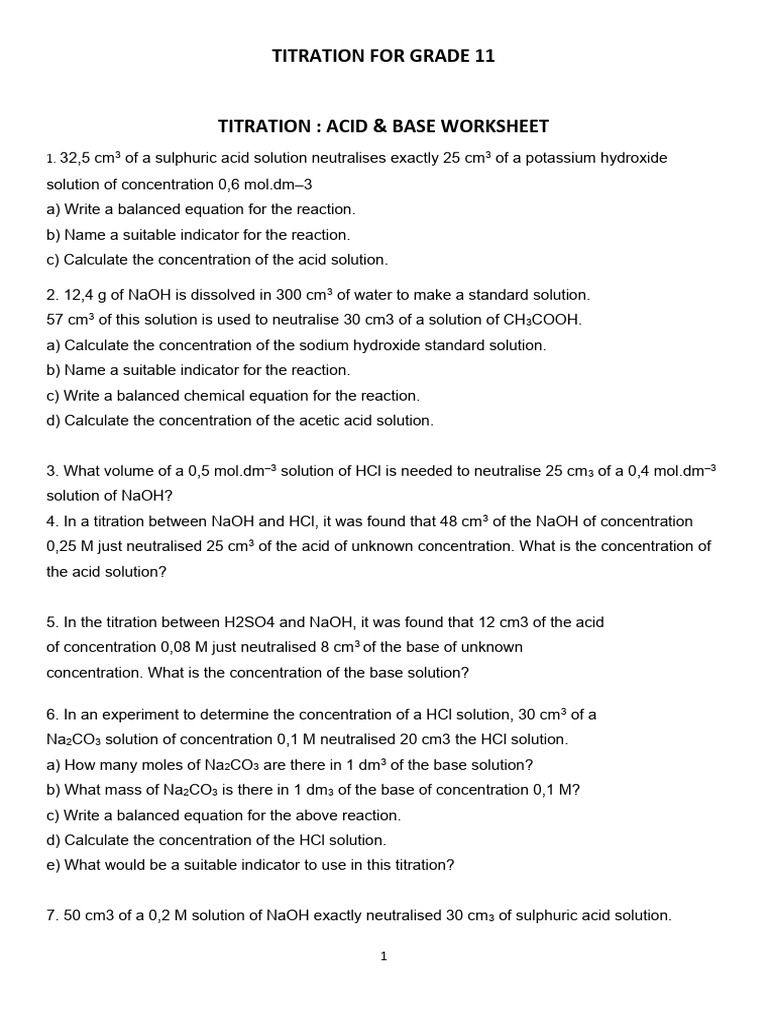 Grade 11 Titration Practice Problems | PDF | Acid | Titration
