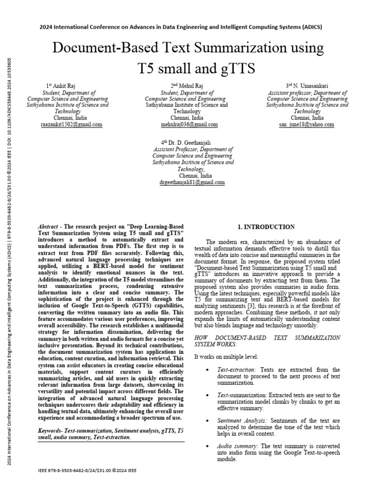 Document-Based Text Summarization Using T5 Small and GTTS | PDF | Computing | Cognitive Science