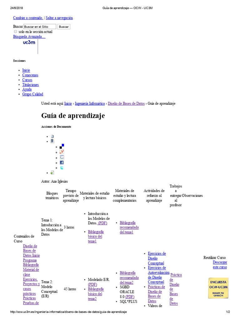 Guía de Aprendizaje - OCW - UC3M | PDF | Bases de datos | Base de datos relacional