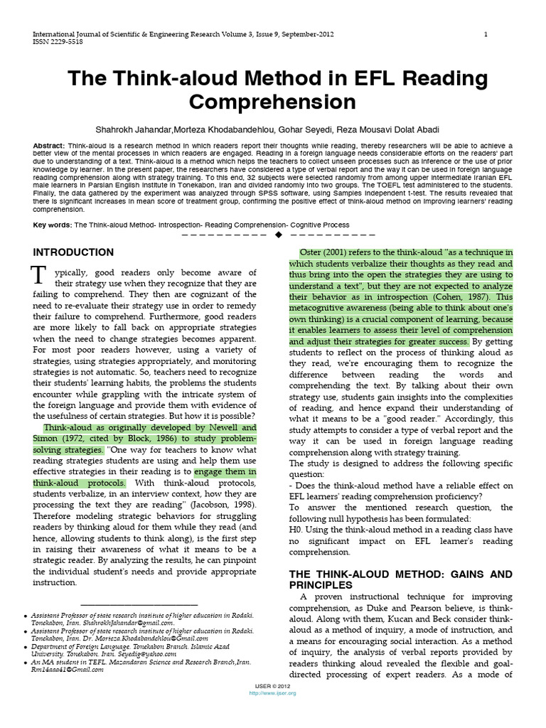Think-Aloud Method in EFL Reading Comprehension | PDF | Reading ...