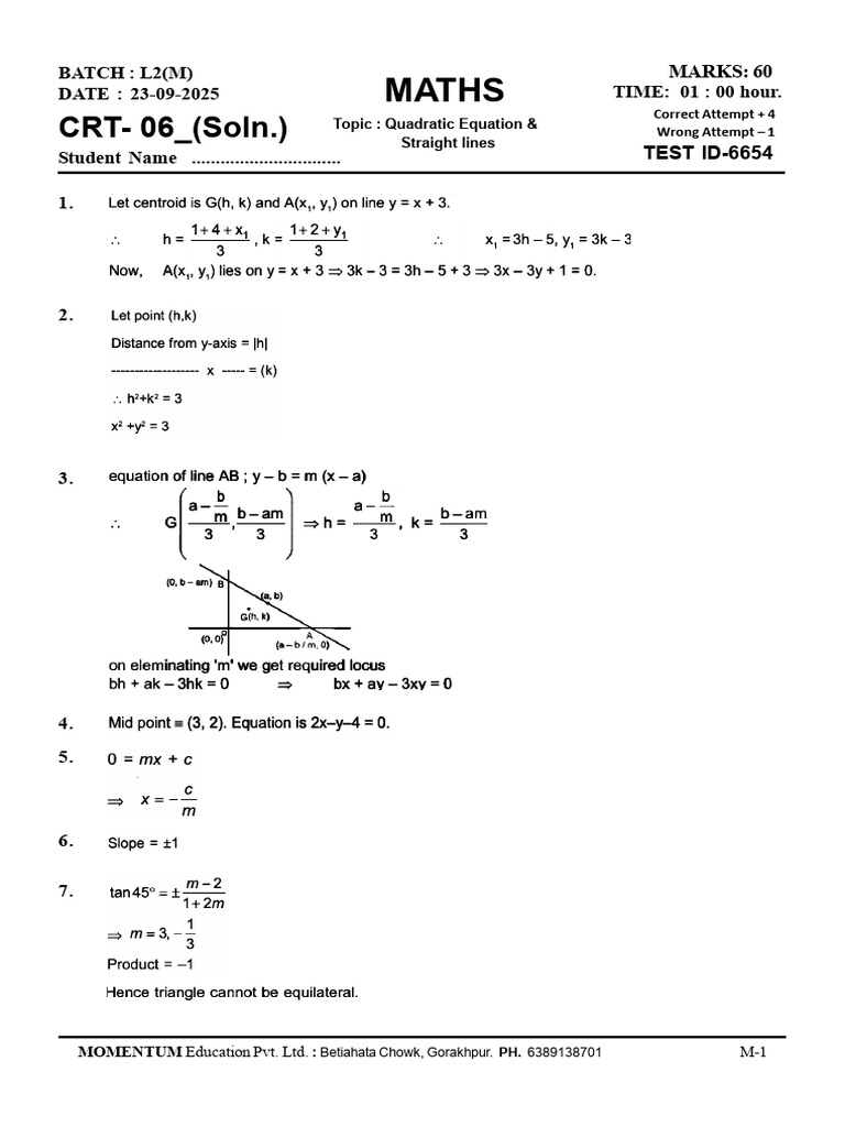 CRT-06 L2 (M) Quadratic Equation & Straight Lines-Solution - PMD | PDF