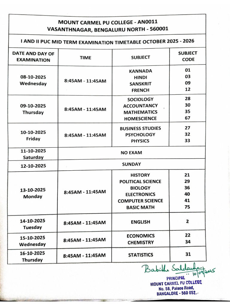 Midterm Exam Timetable October 2025 | PDF