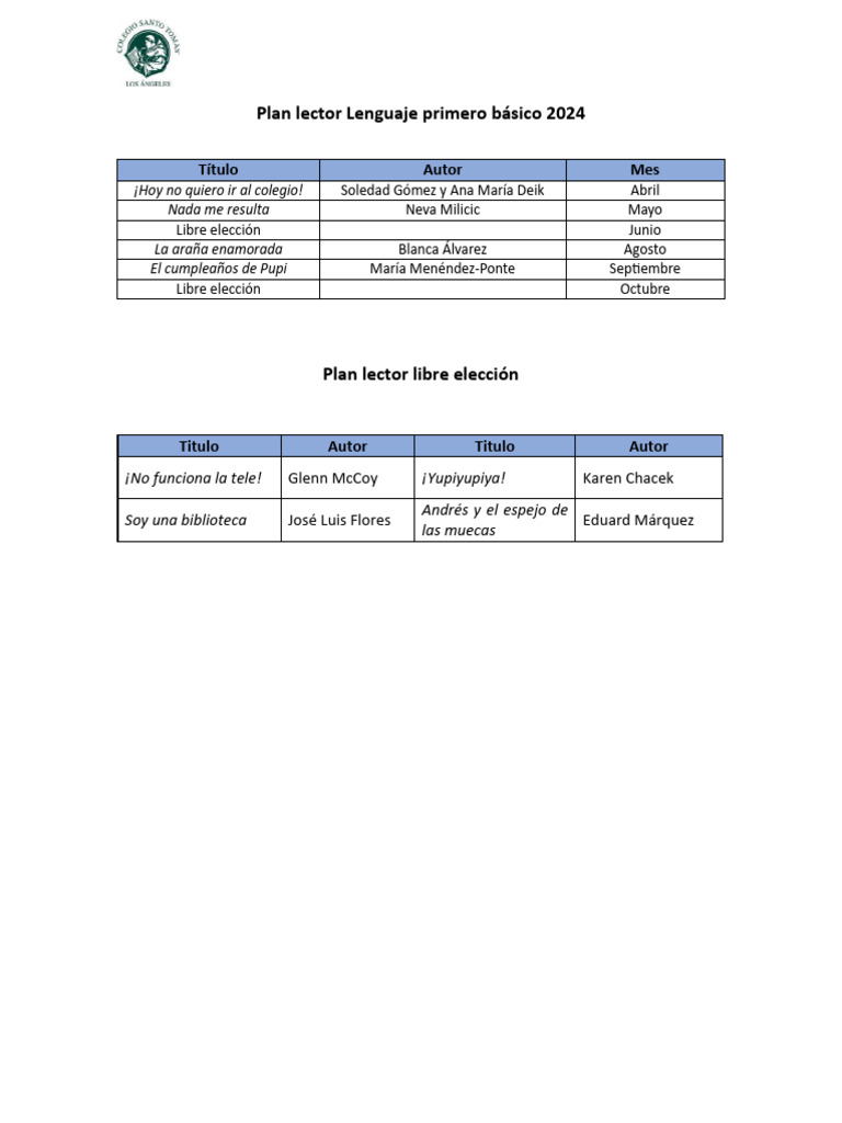 Plan Lector 1° Basico 2024 | PDF