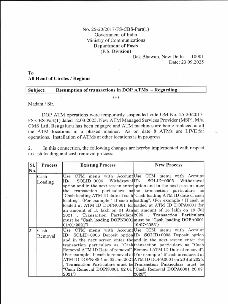 Letter To Circles-Resumption of Transactions in DOP ATMs | PDF | Money ...
