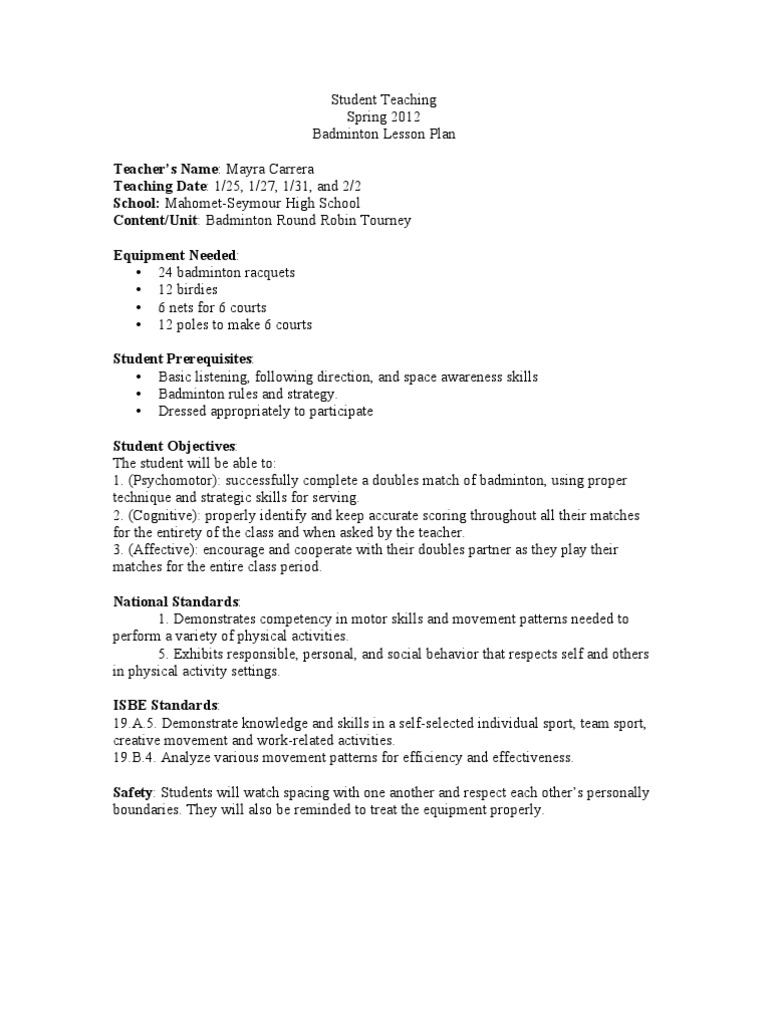 Badminton Tourney Unit 1 Lesson Plan | PDF | Competence (Human ...
