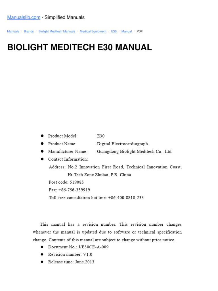 ECG BIolight E30 | PDF | Electrocardiography | Electrical Connector