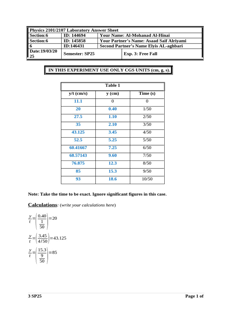 Lab 3 - Free Fall - Answer Sheet-SP25 | PDF | Acceleration | Measurement