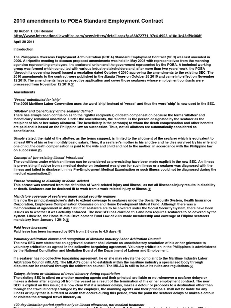 2010 POEA Contract Amendments Overview | PDF | Arbitration | Collective ...