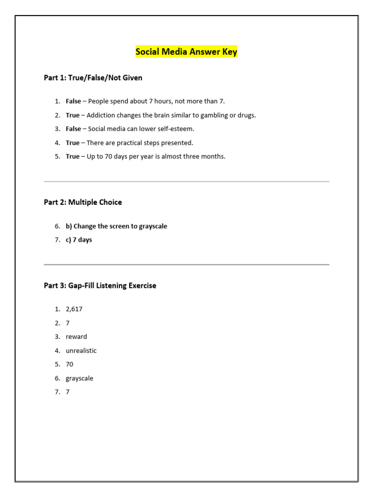 Social Media Impact Quiz Answers | PDF