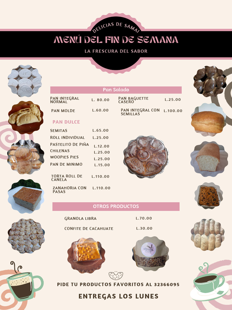 Menú Panadería y Cafetería Dulce Rosa y Beige | PDF