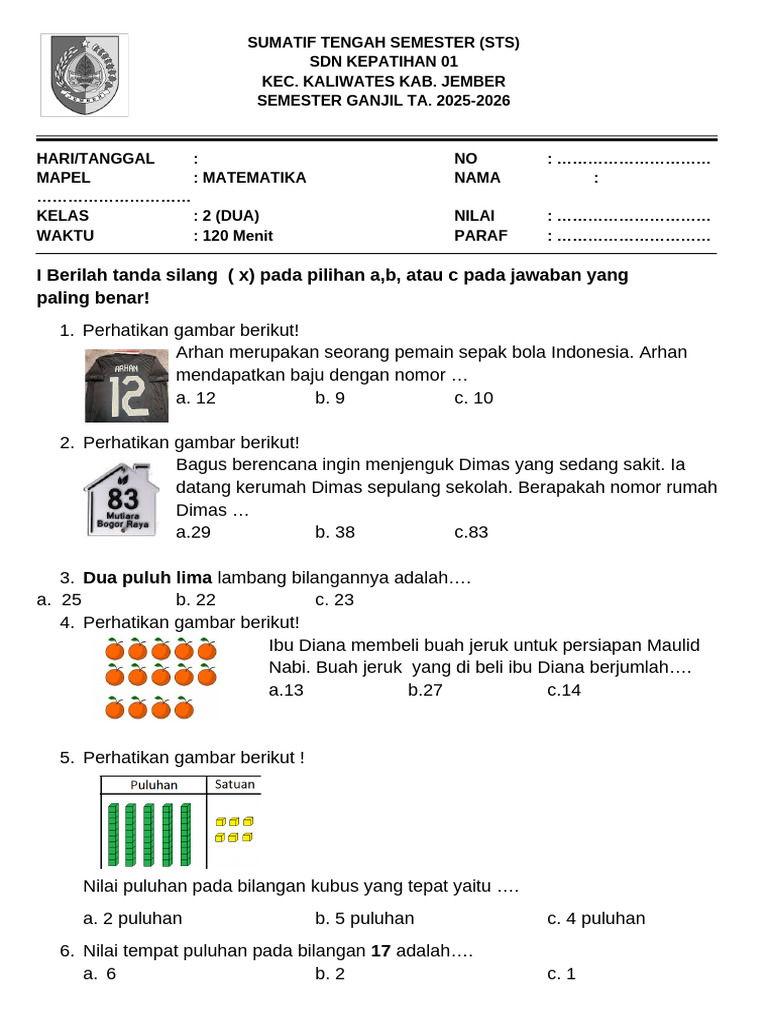 Soal Sts MTK Kelas 2 (2025-2026) | PDF