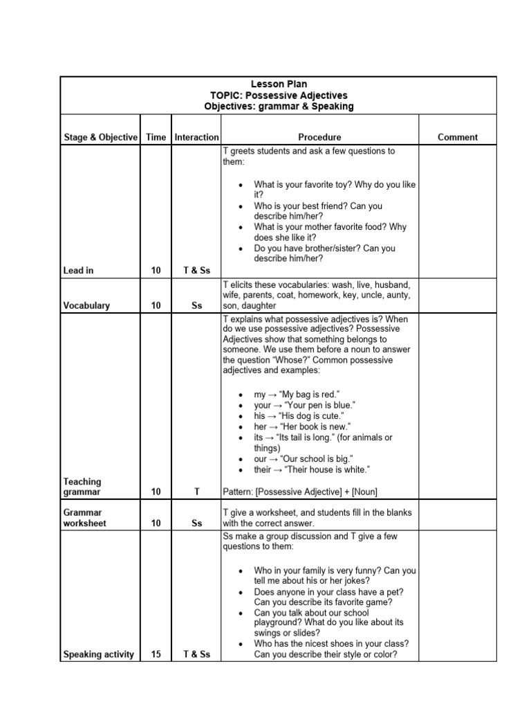 Lesson Plan: Teaching Possessive Adjectives | PDF | Adjective | Morphology