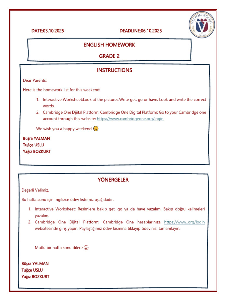 Grade 2 - 03.10.25 Weekend Homework Instruction | PDF