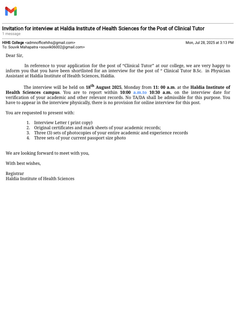 Gmail - Invitation For Interview at Haldia Institute of Health Sciences ...
