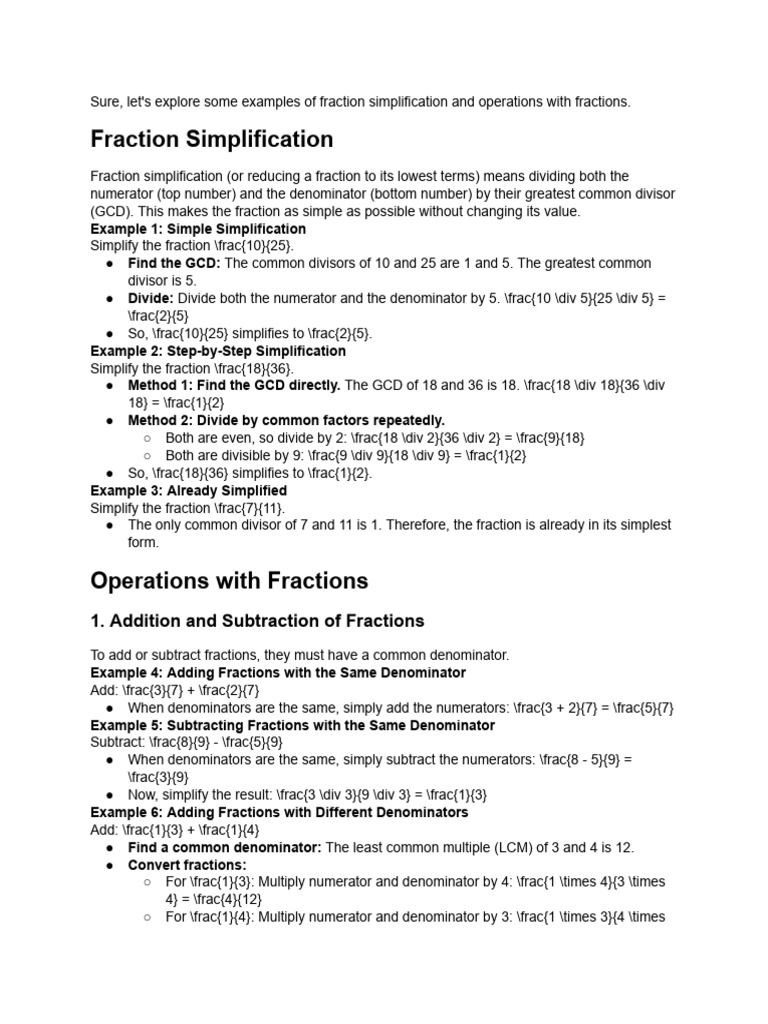 01 Examples About Fraction Simplification and Operati... | PDF | Elementary Mathematics | Algebra