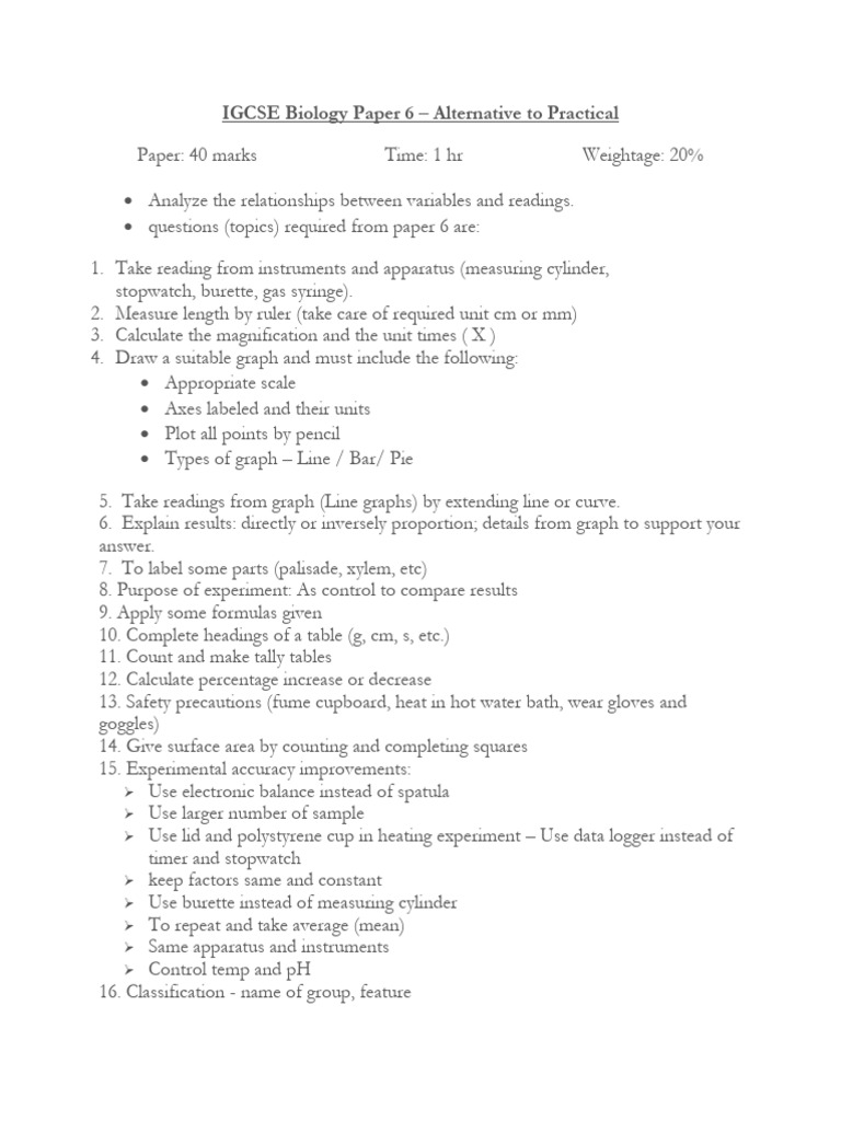 IGCSE Biology Paper 6 Practical Guide | PDF | Ph | Experiment
