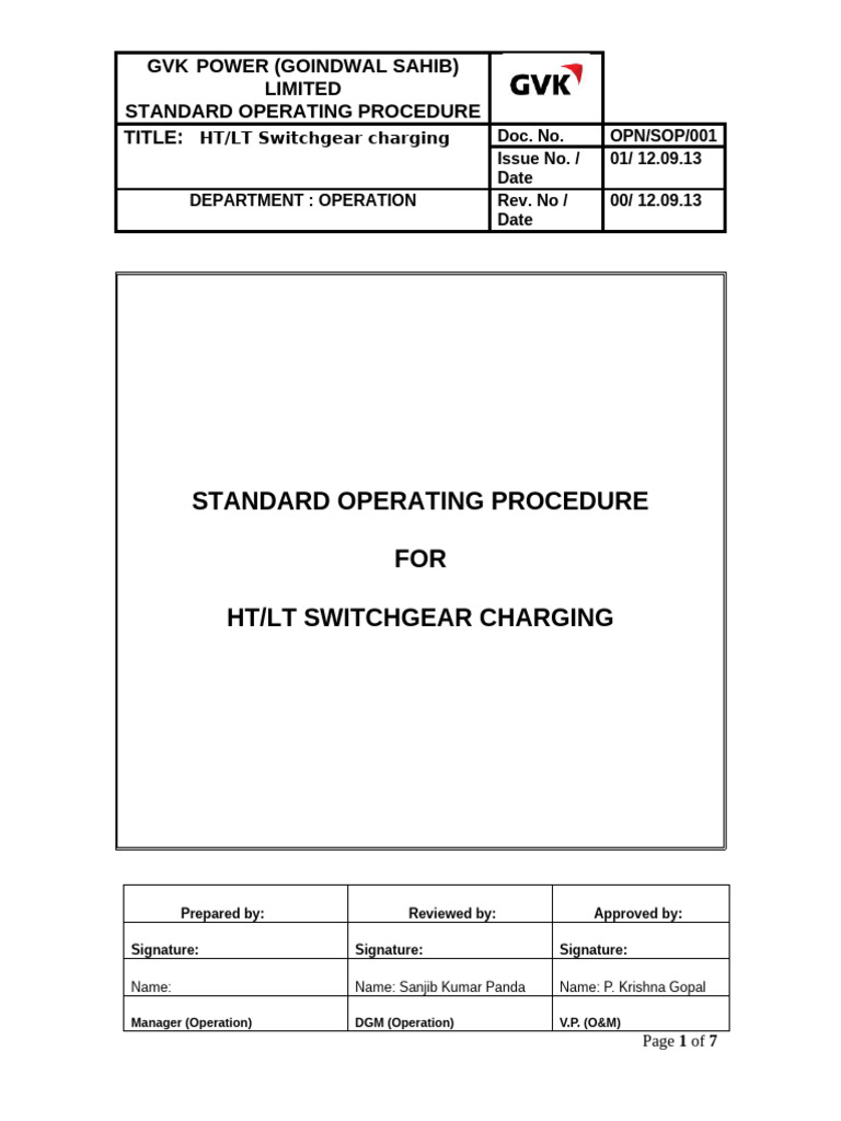 HT/LT Switchgear Charging SOP | PDF | Electrical Components ...