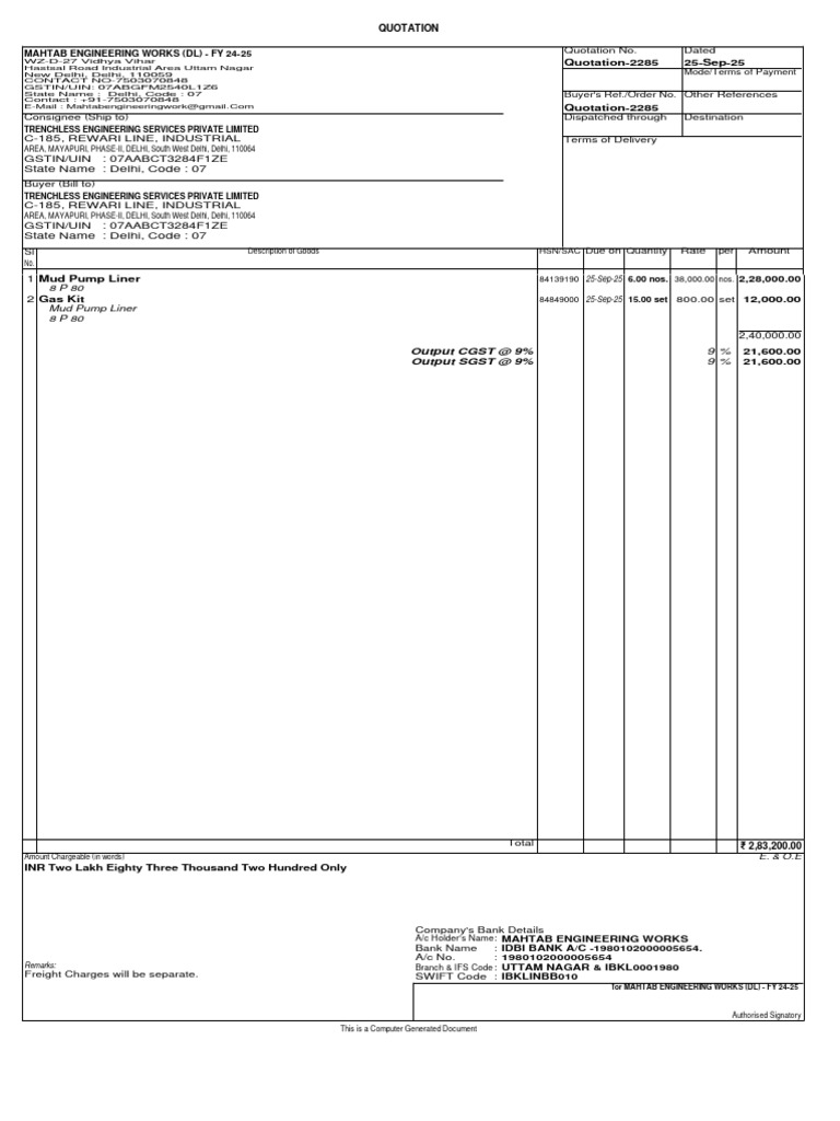 Quotation-2285 Trenchless Engineering Services Private Limited - pdf1 | PDF