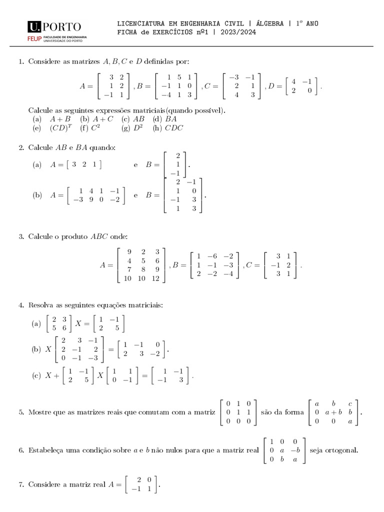 Exercícios de Álgebra para Engenharia Civil | PDF | Matriz (Matemática ...