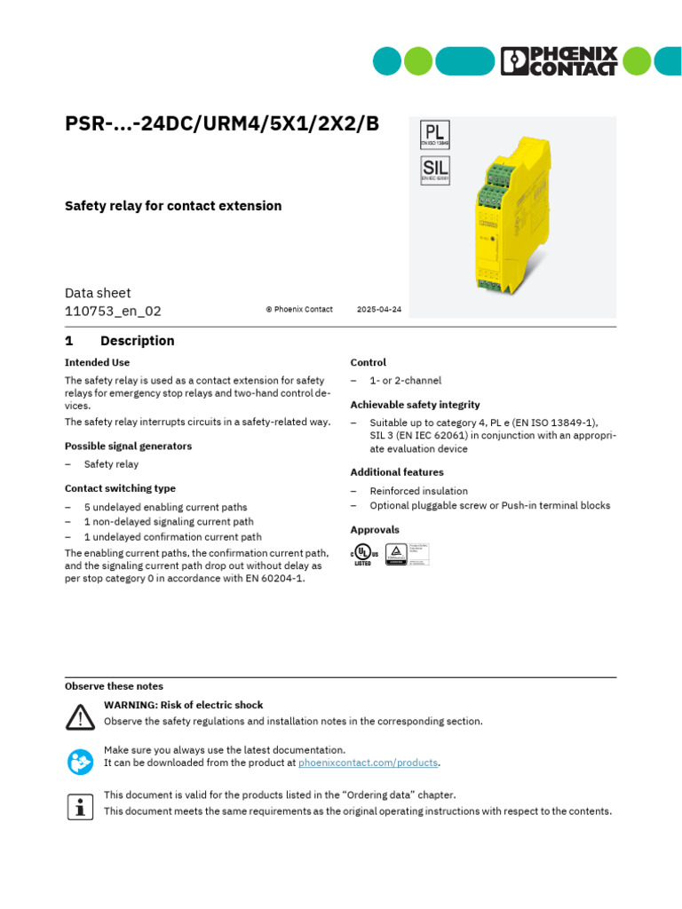 Safety Relay Data Sheet PSR-1442344 | PDF | Relay | Alternating Current
