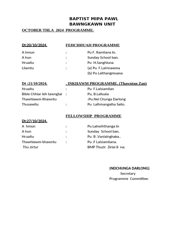 Bmp October Thla Programme 2024 | PDF