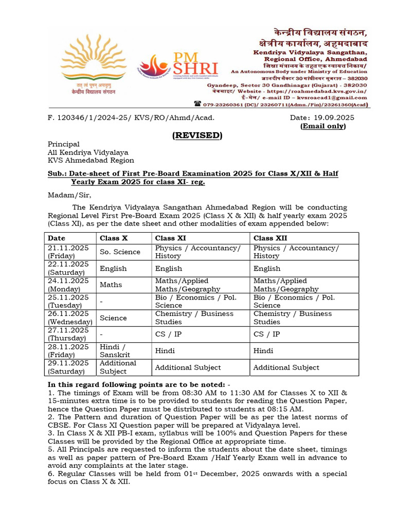 KVS 2025 Pre-Board Exam Date Sheet | PDF | Qualifications | Schools