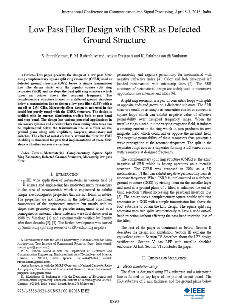 Low Pass Filter Design With CSRR As Defected Ground Structure | PDF | Metamaterial | Electronic ...