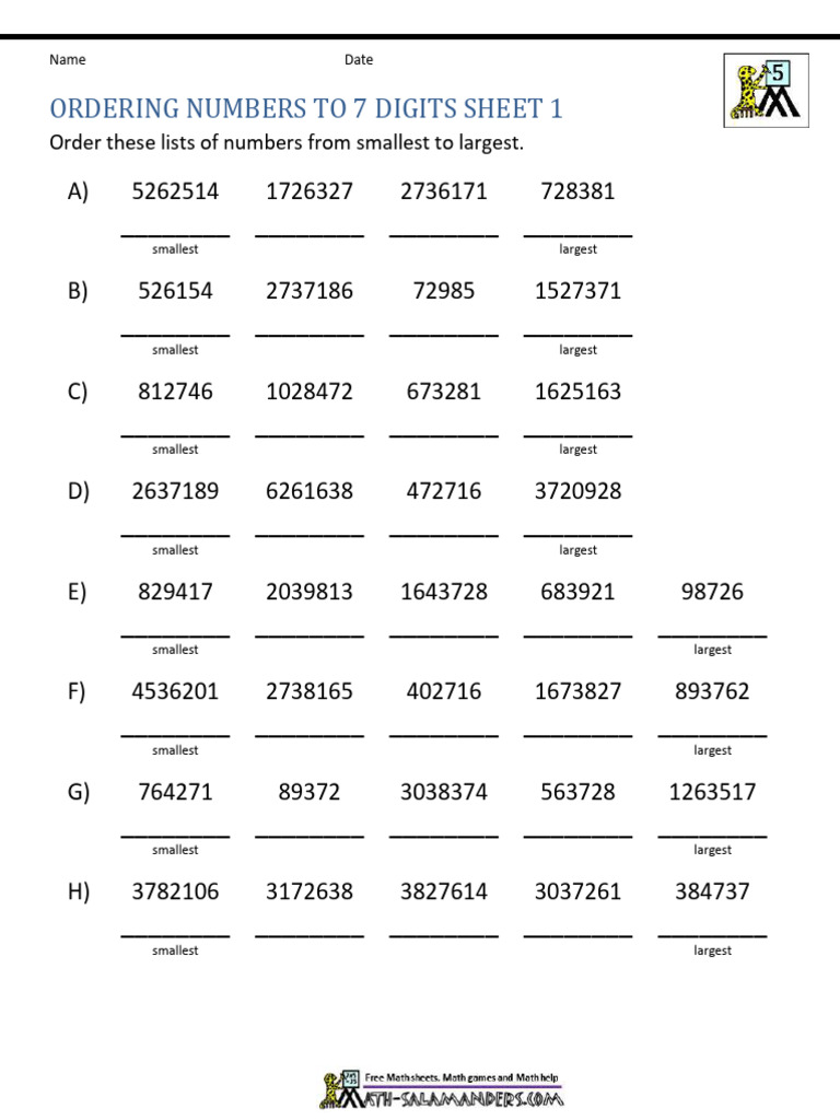 Ordering 7-Digit Numbers Worksheet | PDF