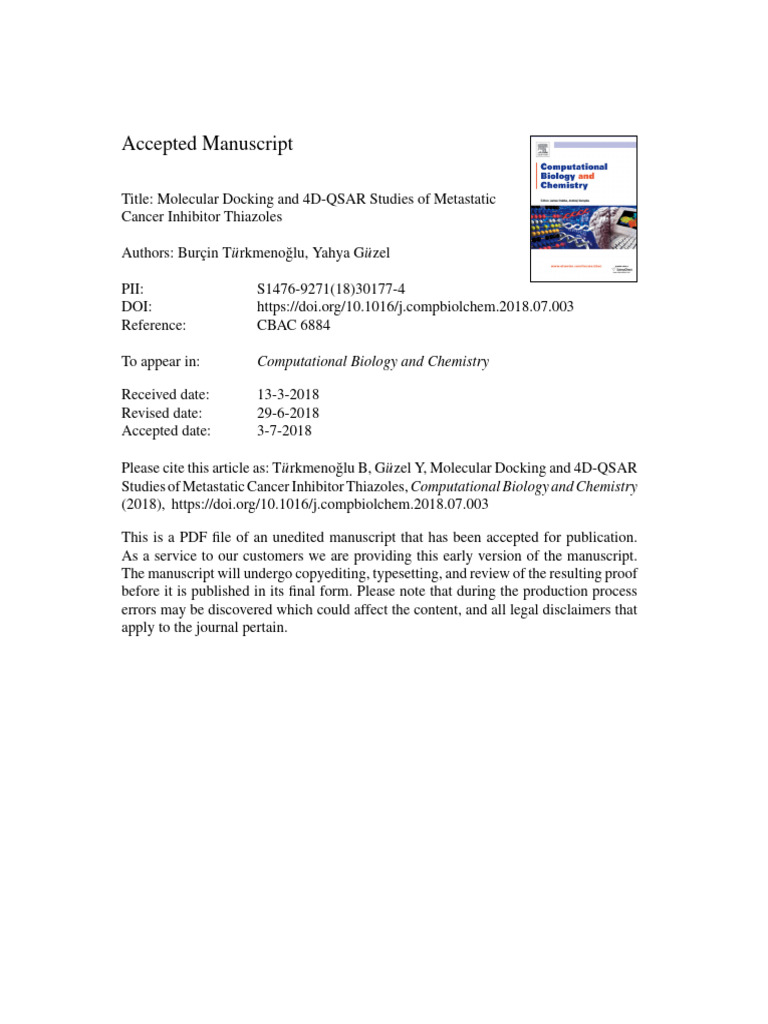 Molecular Docking and 4D-QSAR Studies of Metastatic Cancer Inhibitor Thiazoles | PDF | Docking ...