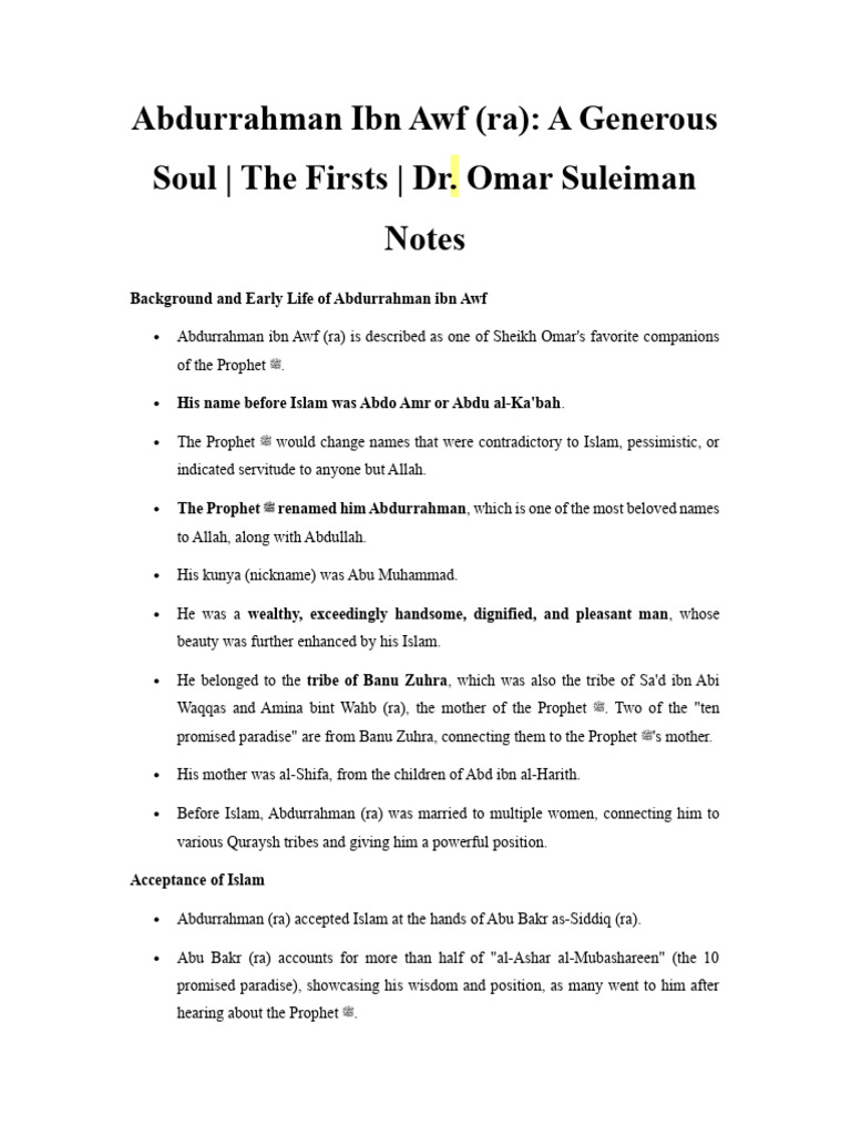 Abdurrahman Ibn Awf (Ra) A Generous Soul - The Firsts - Dr. Omar Suleiman | PDF | Muhammad | Umar