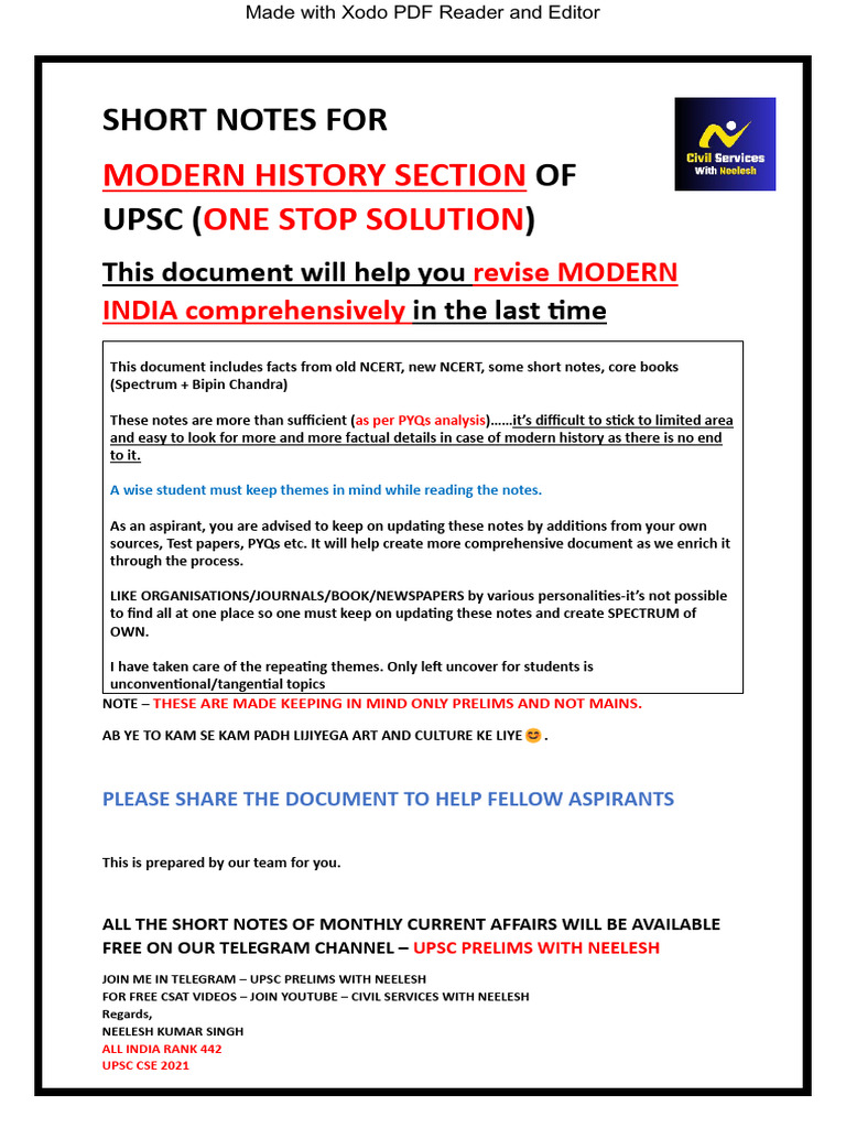UPSC Modern History Revision Notes | PDF | Politics Of India