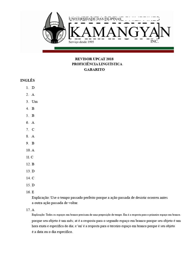 Gabarito de Proficiência Linguística UPCAT 2018 | PDF