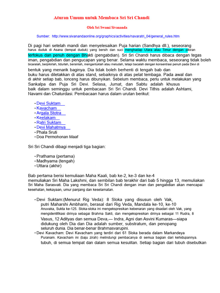 Aturan Umum Untuk Membaca Sri Sri Chandi Paath | PDF