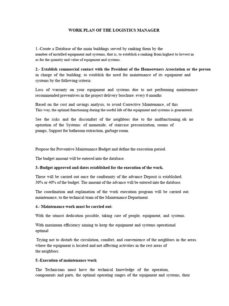Logistics Manager Maintenance Work Plan | PDF