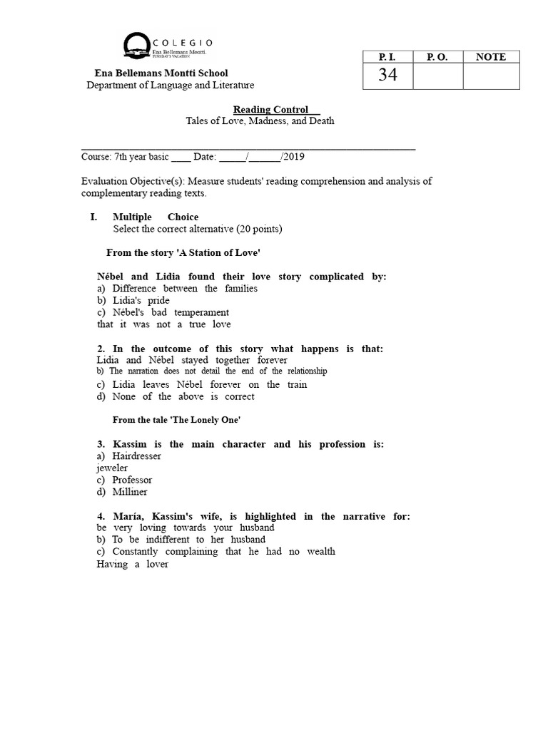 Reading Comprehension: Love and Death | PDF | Multiple Choice | Reading ...