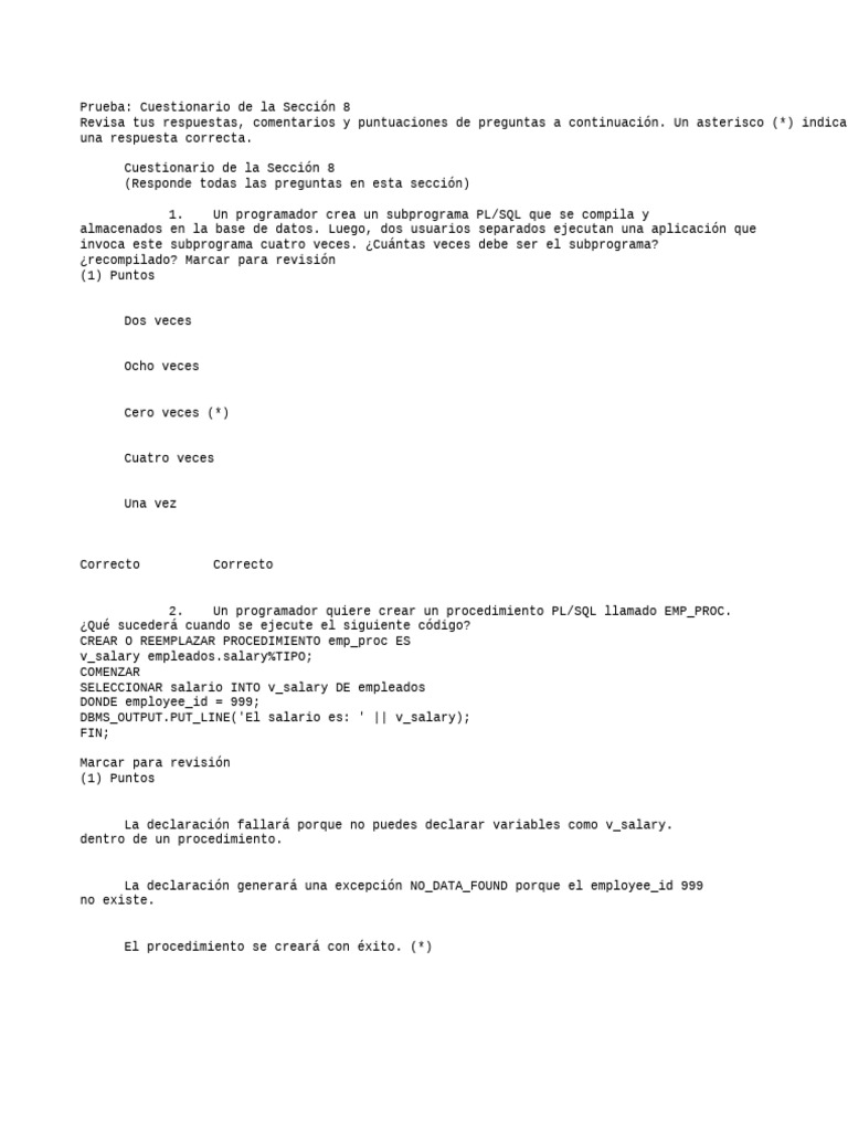 Cuestionario de La Sección 8 | PDF | Pl / Sql | Cuestionario