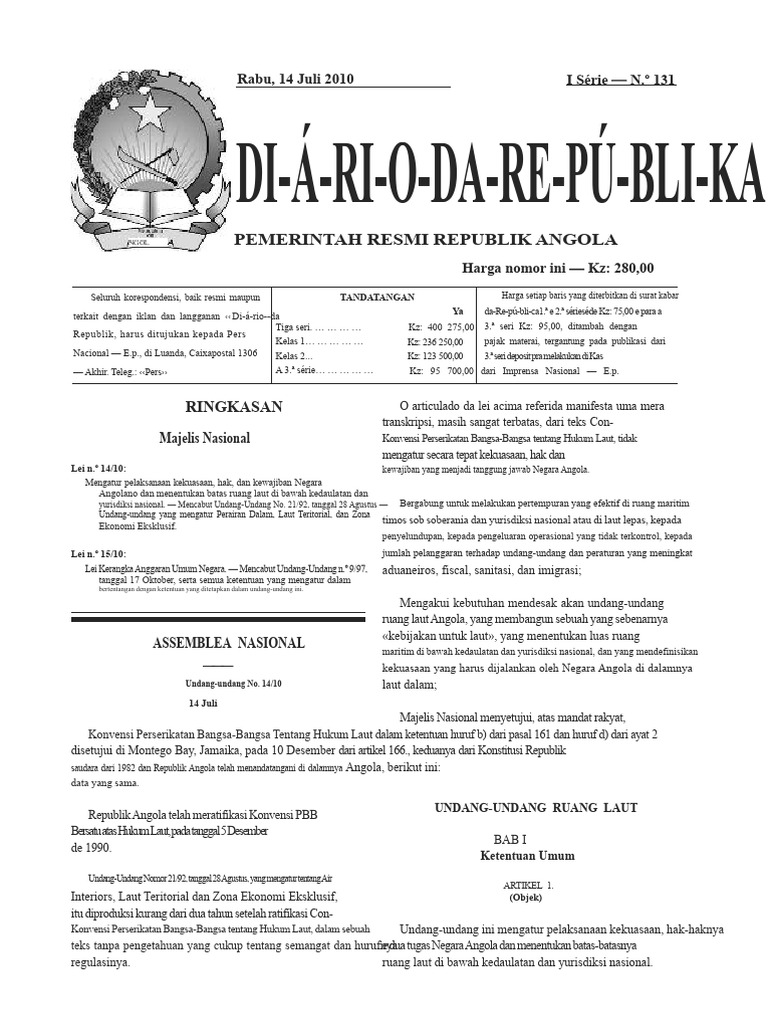 Undang-Undang Ruang Laut Angola 2010 | PDF