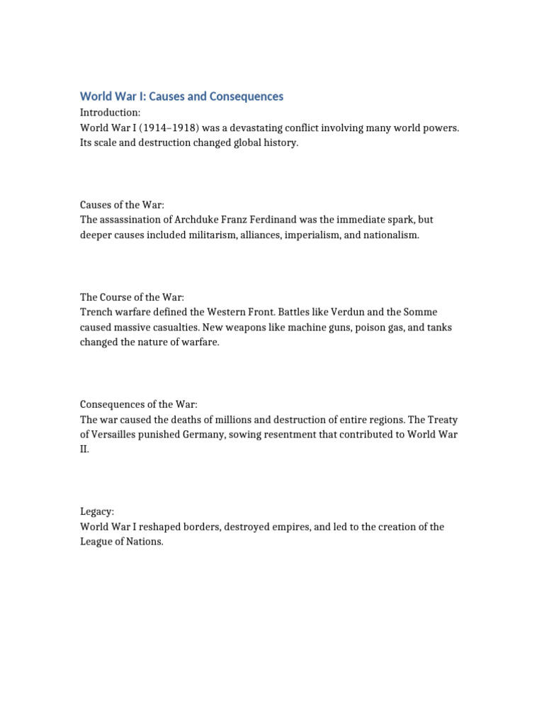 World War I Causes and Consequences Detailed | PDF