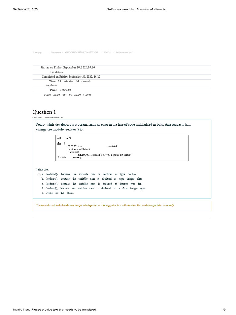 Self-Assessment No. 3 - Review of Attempts | PDF | Parameter (Computer ...