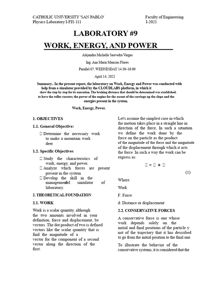 Lab 9 Work, Energy and Power Report - Alejandra Saavedra | PDF | Force ...