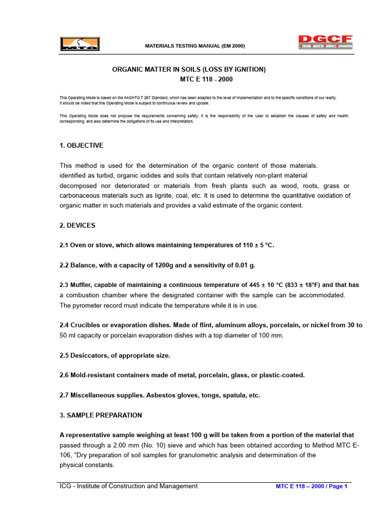 MTC 118 Organic Matter in Soils (Loss On Ignition) | PDF | Combustion ...
