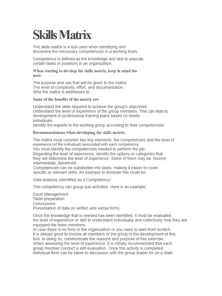 Skills Matrix for Team Competencies | PDF | Experience | Matrix ...