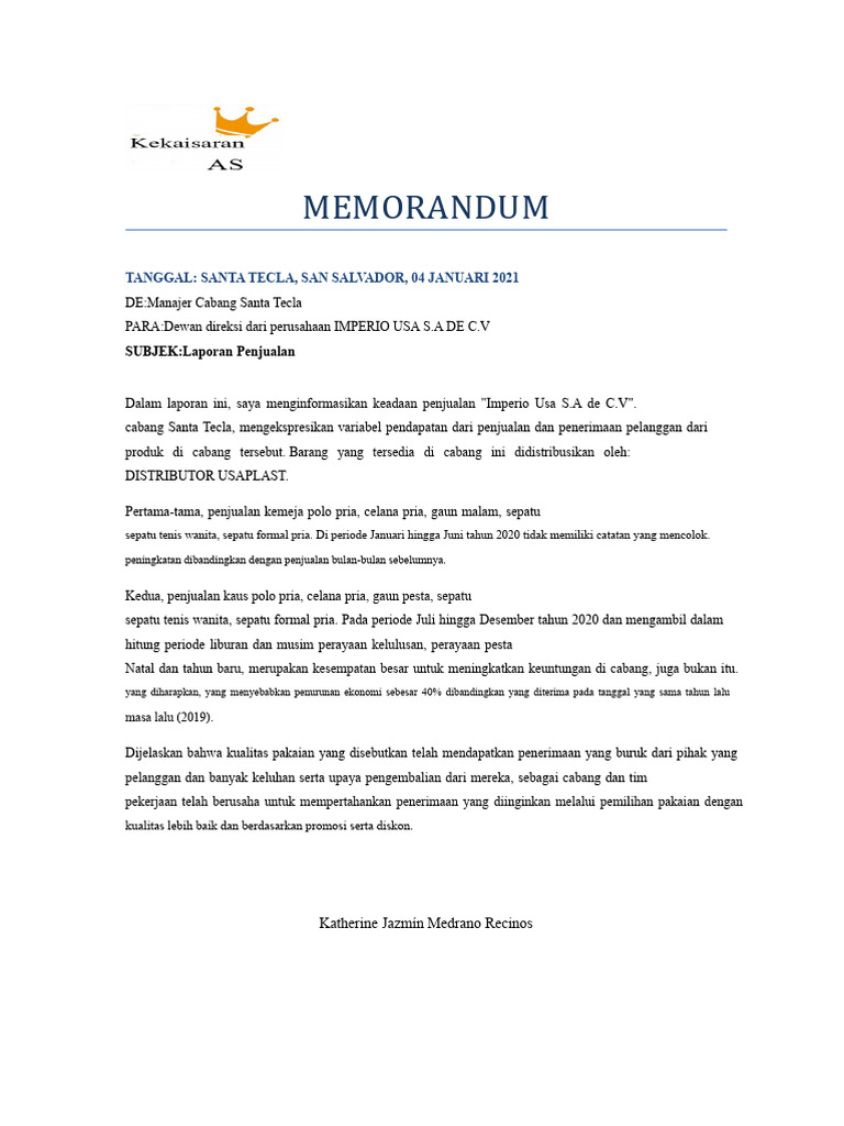 Contoh Memorandum Untuk Perusahaan | PDF