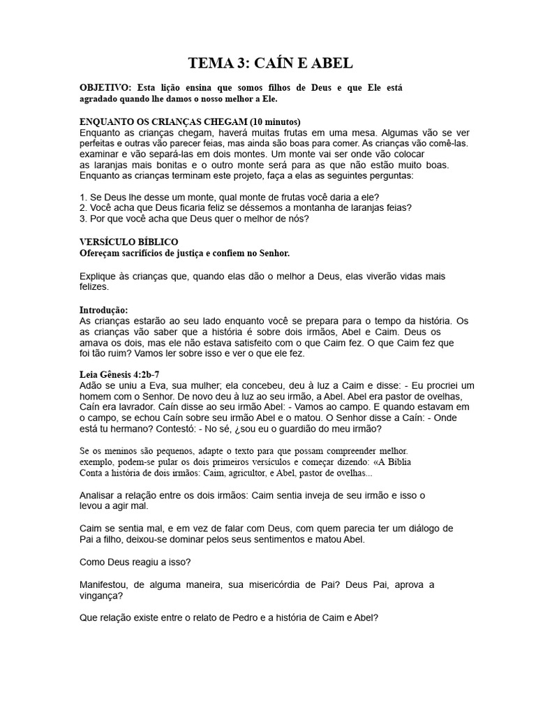 Tema 3 Caim e Abel | PDF | Caim e Abel | Adão e Eva