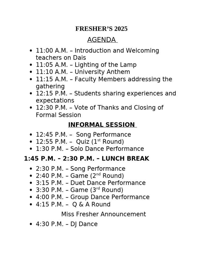 Fresher's 2025 Event Agenda | PDF