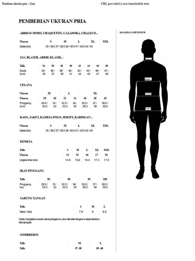Panduan Ukuran Pakaian Pria Zara | PDF