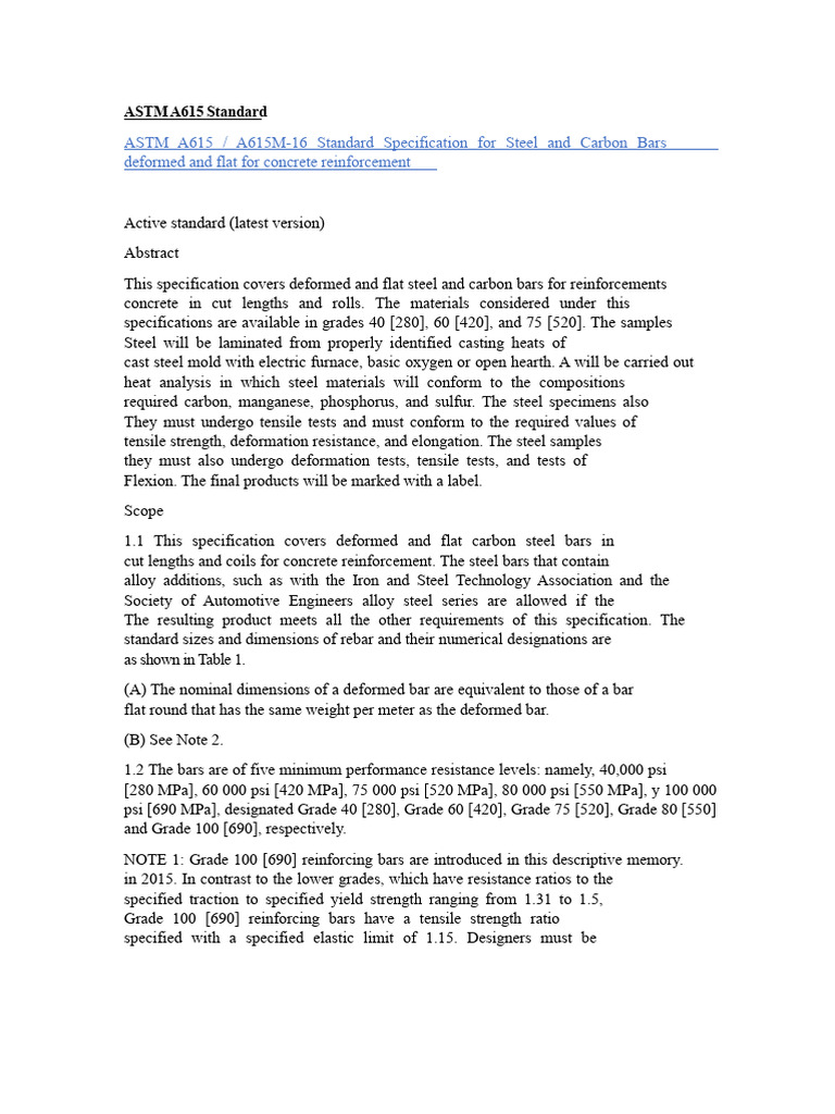 ASTM A615 Steel Reinforcement Standards | PDF | Strength Of Materials ...