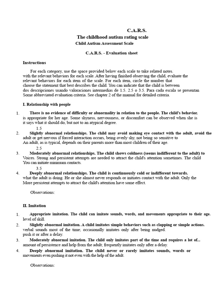 C.A.R.S. Evaluation for Autism Assessment | PDF | Communication ...