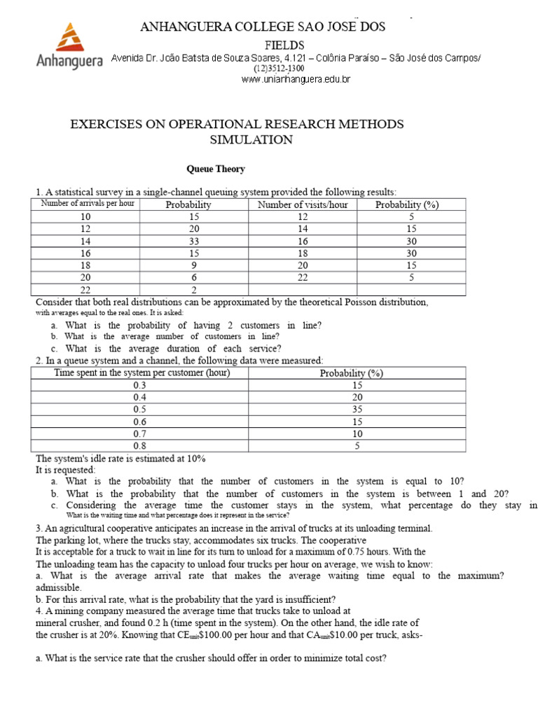 Operational Research Exercises II Queueing Theory | PDF | Applied ...